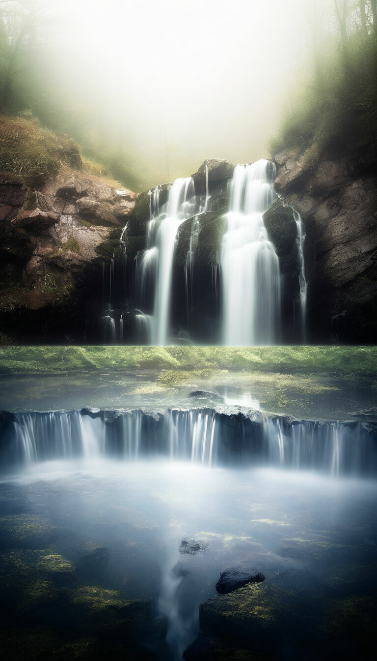 "A misty waterfall cascading ponds.double exposure. fantasy ...