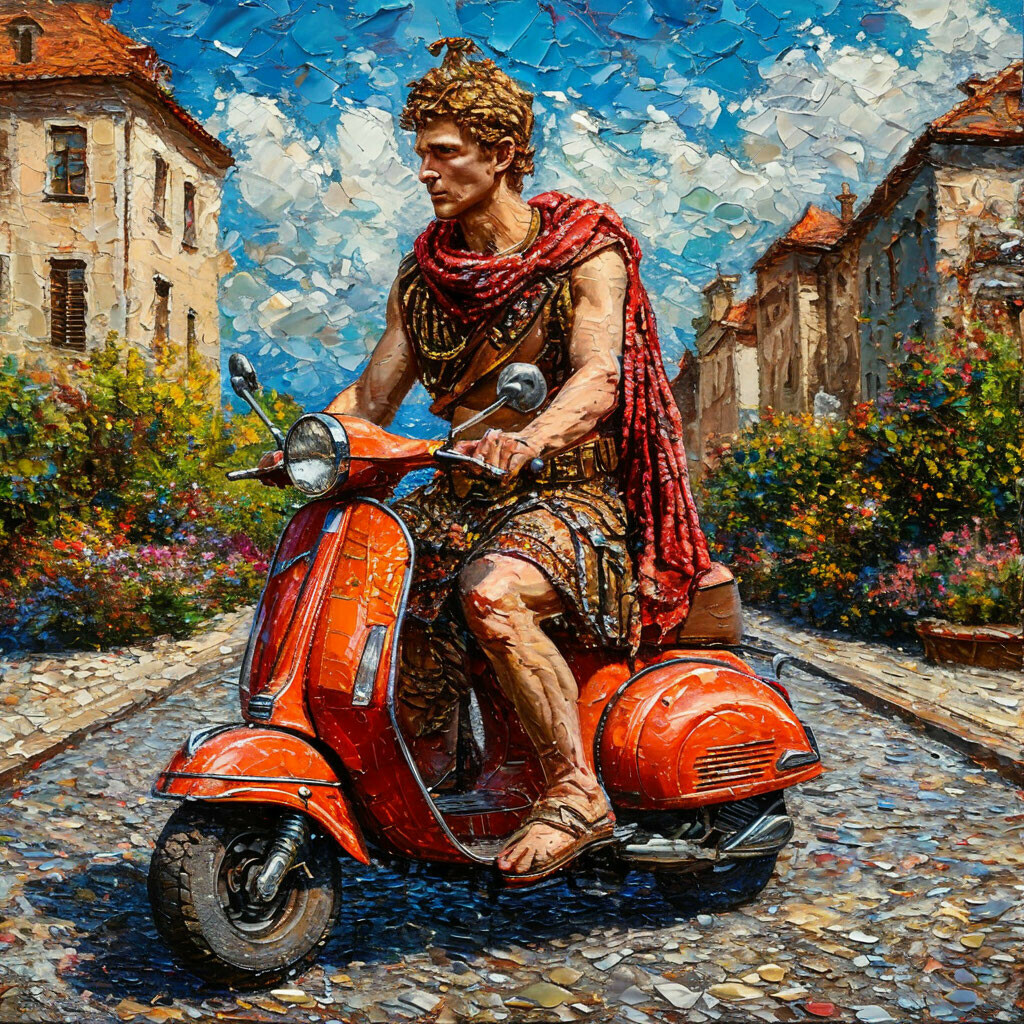 "Caligula on a scooter,impressionism pointillism,oil on canvas ...