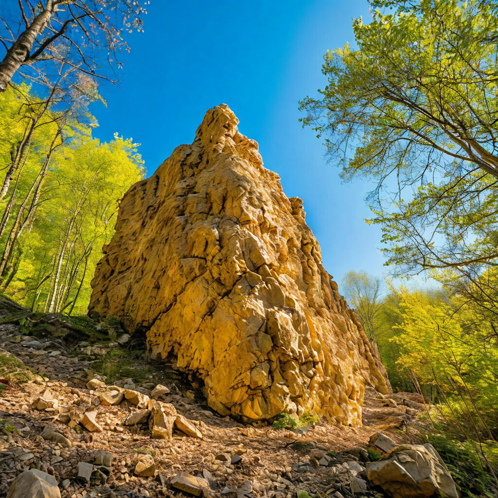 "Beautiful yellow rocks on the background of a blue sky in spring in a ...