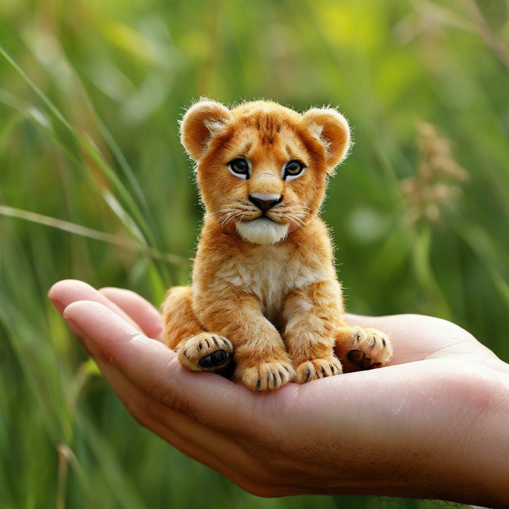 "A miniature lion cub sits on the palm…" — image created in Shedevrum