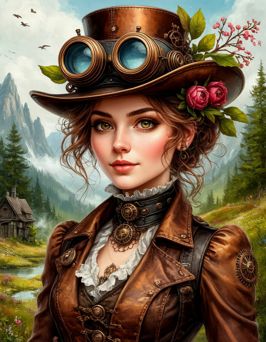 "Try to copy this promt. I wonder what you'll do. emphasis on steampunk 🧚‍♀️💝🙋‍♀️🍏🍏🏞️ Eva Farb ...