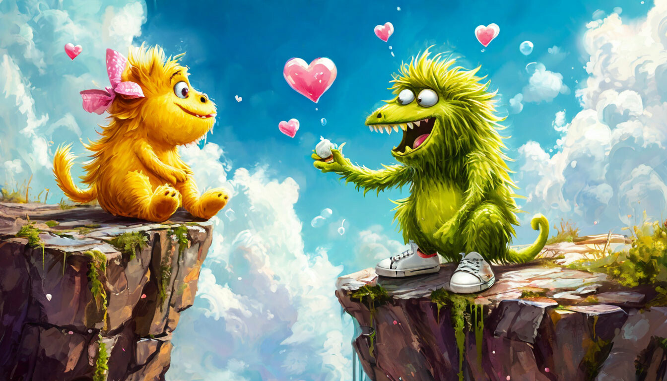 "A green fat shaggy monster in white …" — image created in Shedevrum