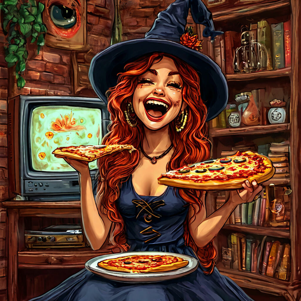 "The witch is eating pizza and …" — image created in Shedevrum