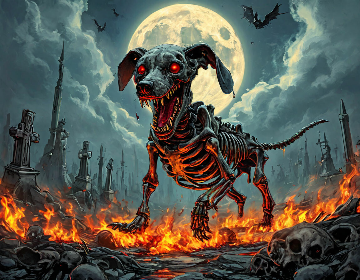 "A ferocious dachshund skeleton with …" — image created in Shedevrum