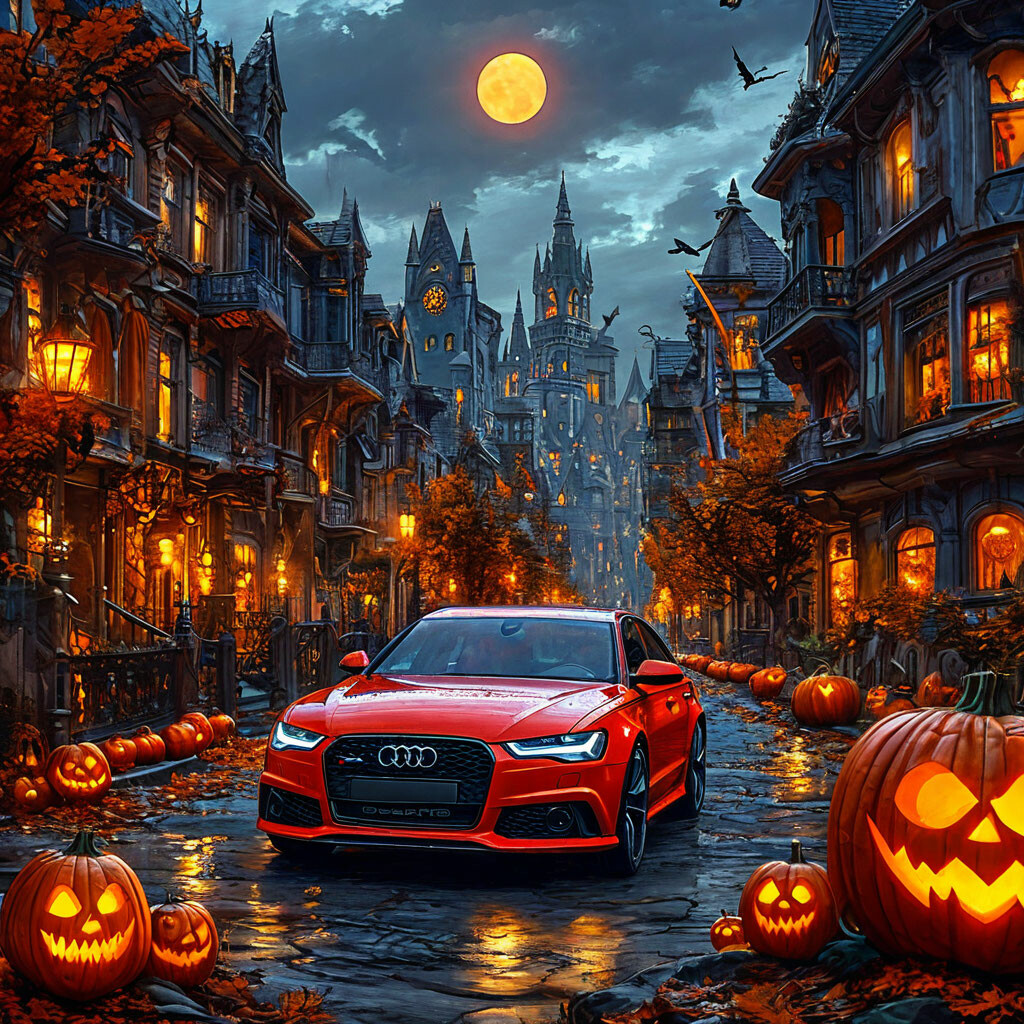 "A red Audi A6 drives through a mystical evening city on Halloween with ...