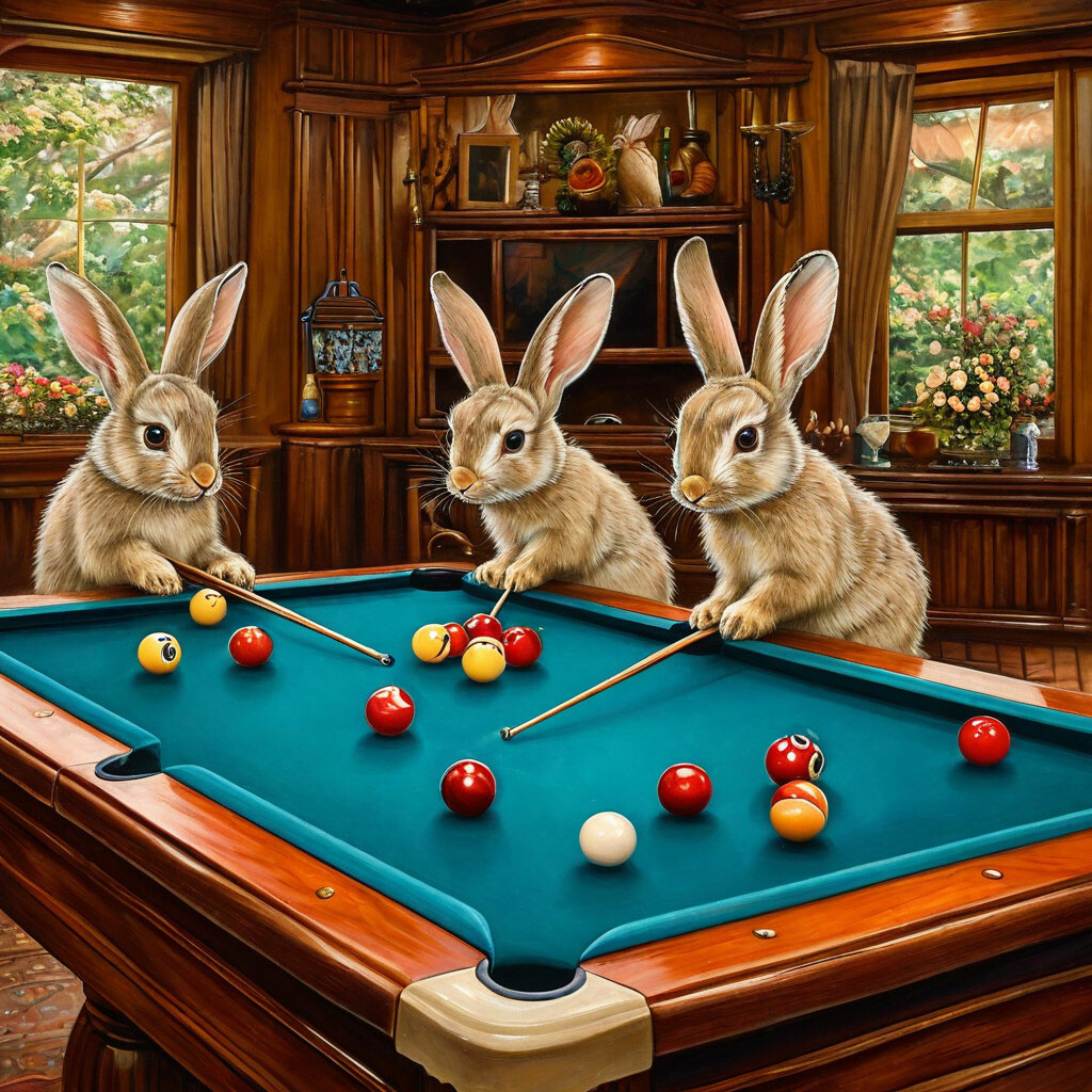 "The bunnies are playing billiards" — image created in Shedevrum