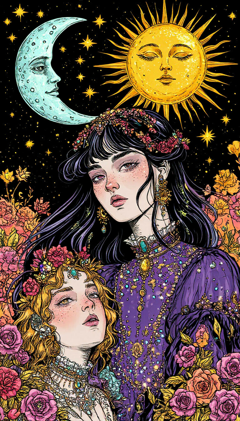 "🌞🌛💜 sun&moon. comics style, ink, diamonds shine and glitter. Dark ...