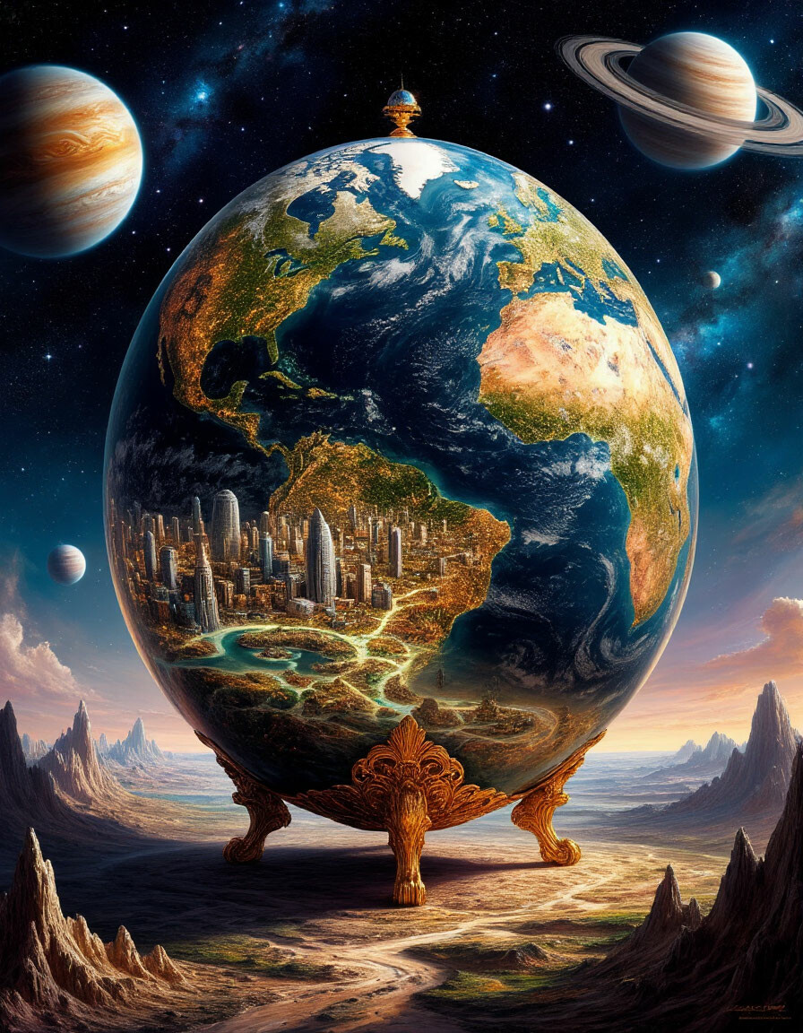 "Surrealism (for example, egg-planet)** *"A giant Fabergé egg floating ...