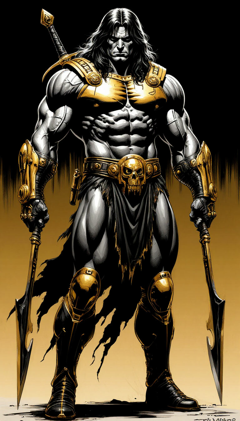 "Full-length Conan the Barbarian in black and gold: futuristic cyborg ...