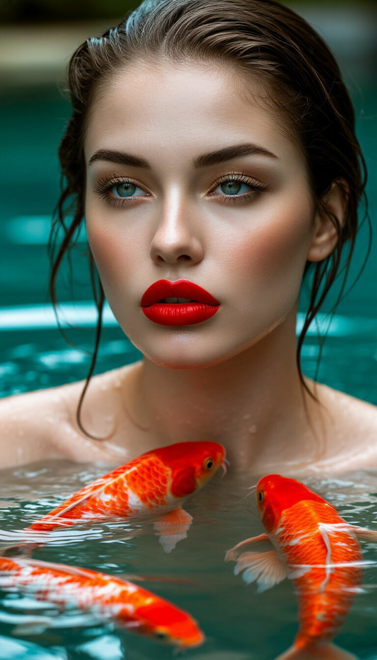 "`/imagine a woman, water, koi, red lips, realistic, cinematic, soft light, --ar 9:16 --style ...