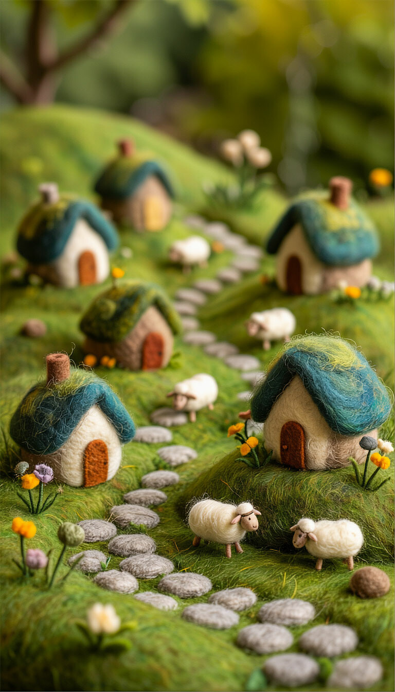 "A fantasy wool felting diorama: Cozy village of round felted houses ...