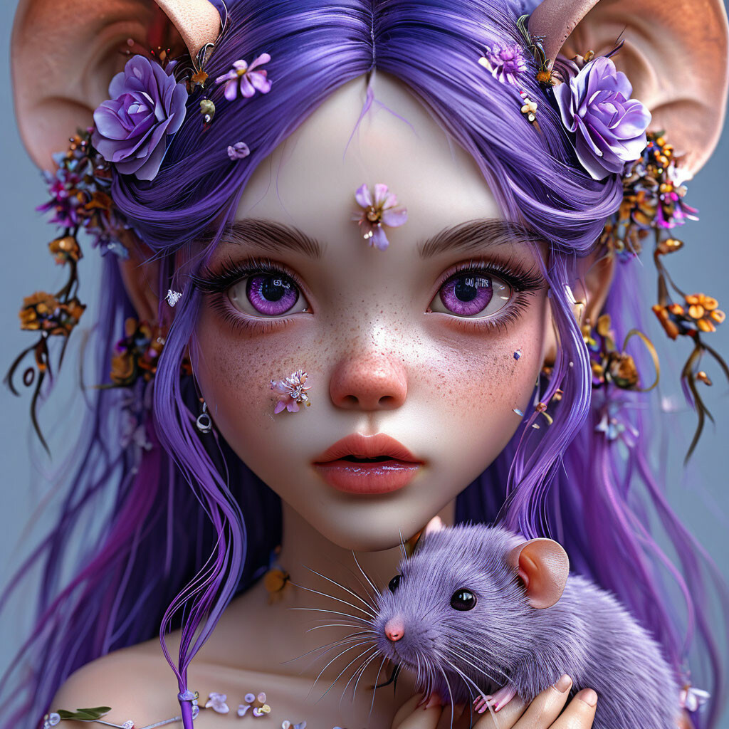"A girl with purple long hair, rat ears. full lips. there is a rat in ...