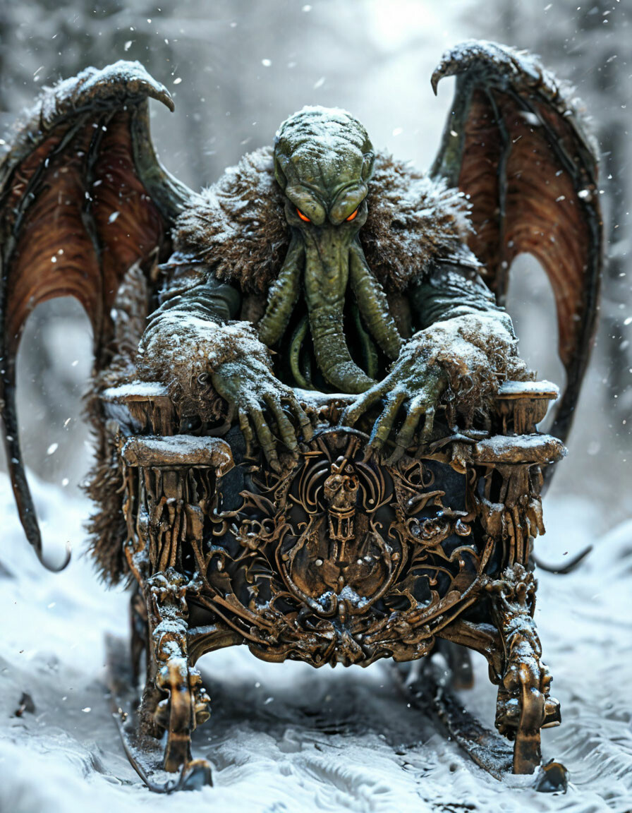 "Cthulhu with wings in a fur coat sits in a large ornate sleigh, it's ...