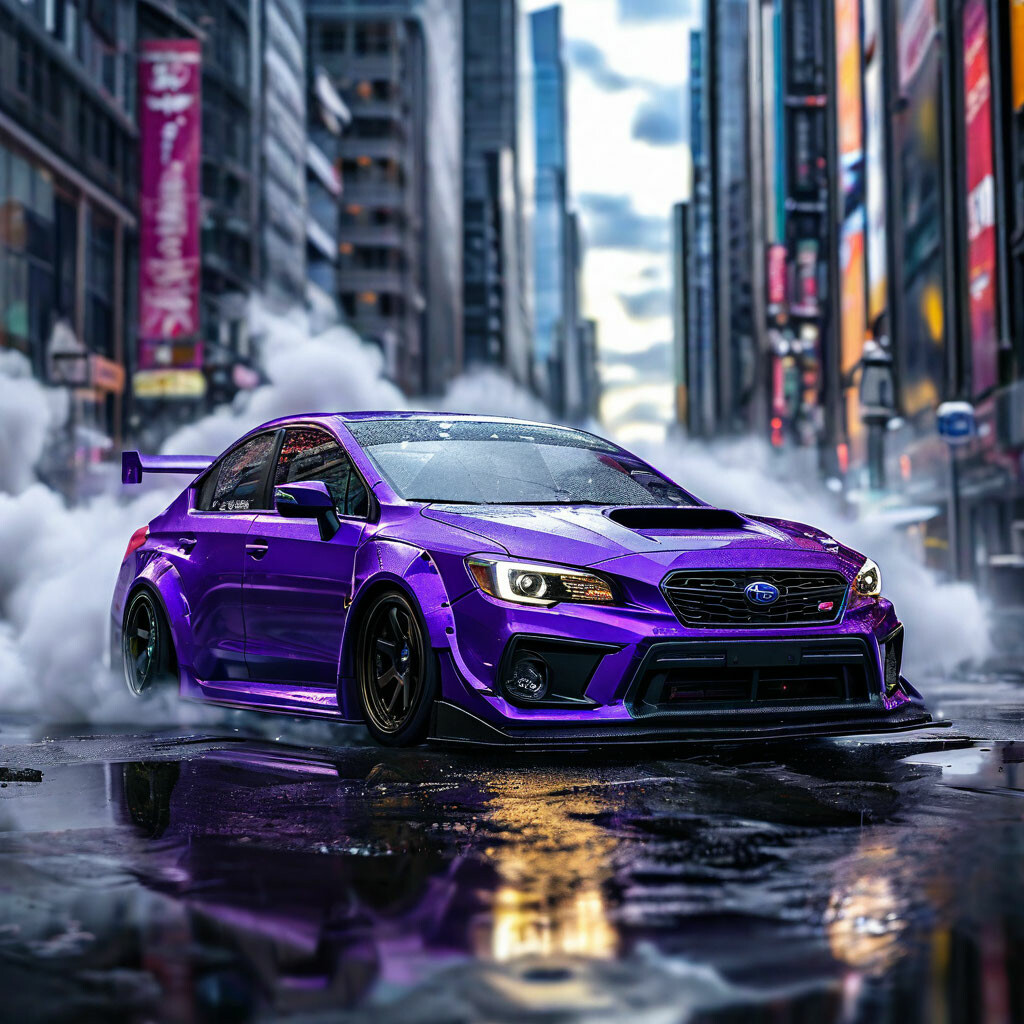 "Subaru WRX STI. Purple in color. On …" — image created in Shedevrum