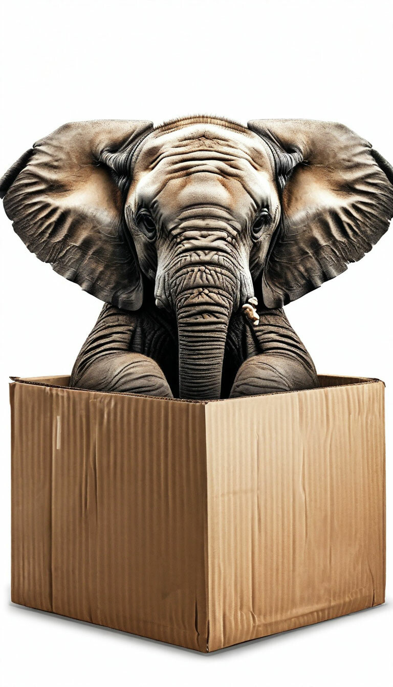 "An elephant sits in a cardboard box …" — image created in Shedevrum