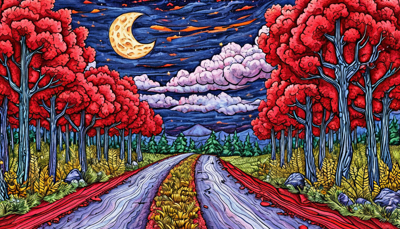 "The zentangles. forest, road, moon, crimson clouds." — image created ...