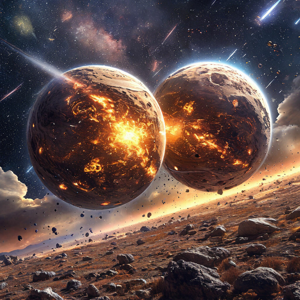 "Professional photo, masterpiece, another world, collision of two ...