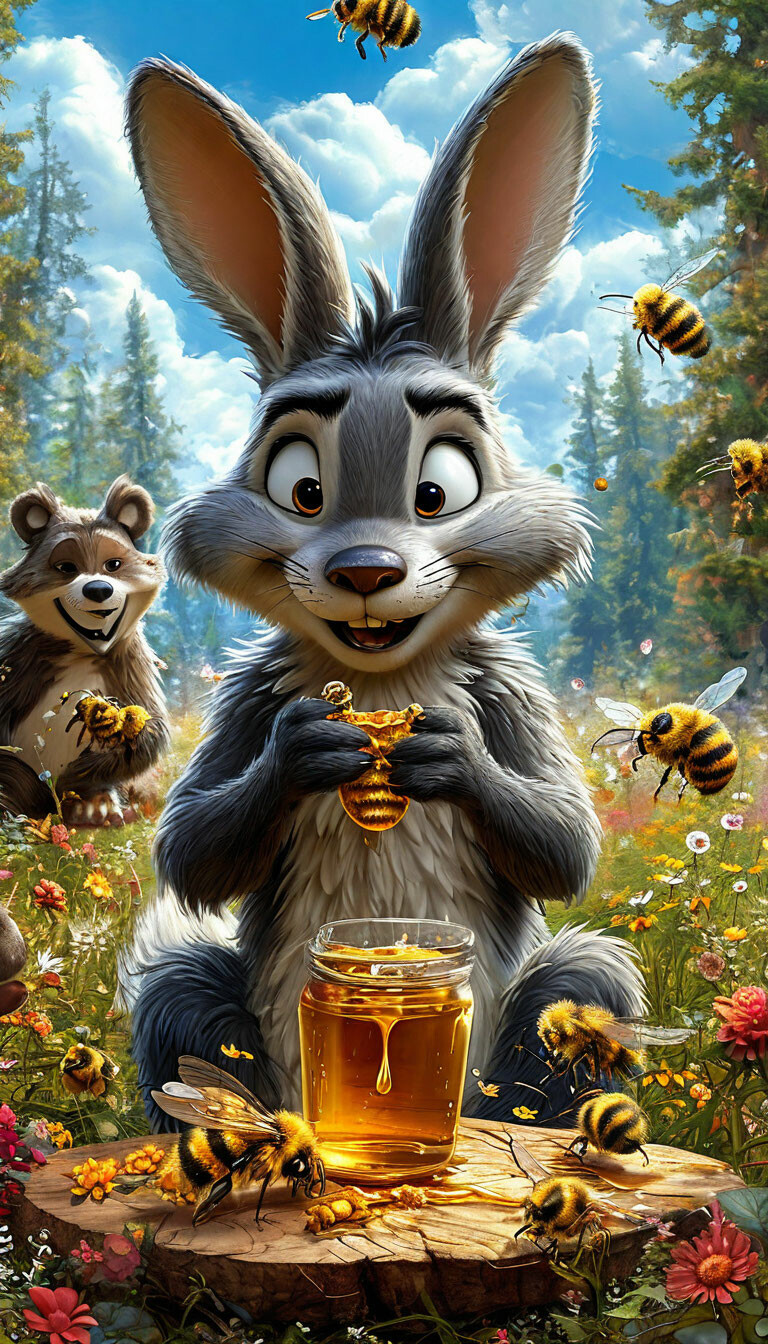 "Disney hare eating honey, next to the cunning three bears,wolf,bees flying …" — image created ...