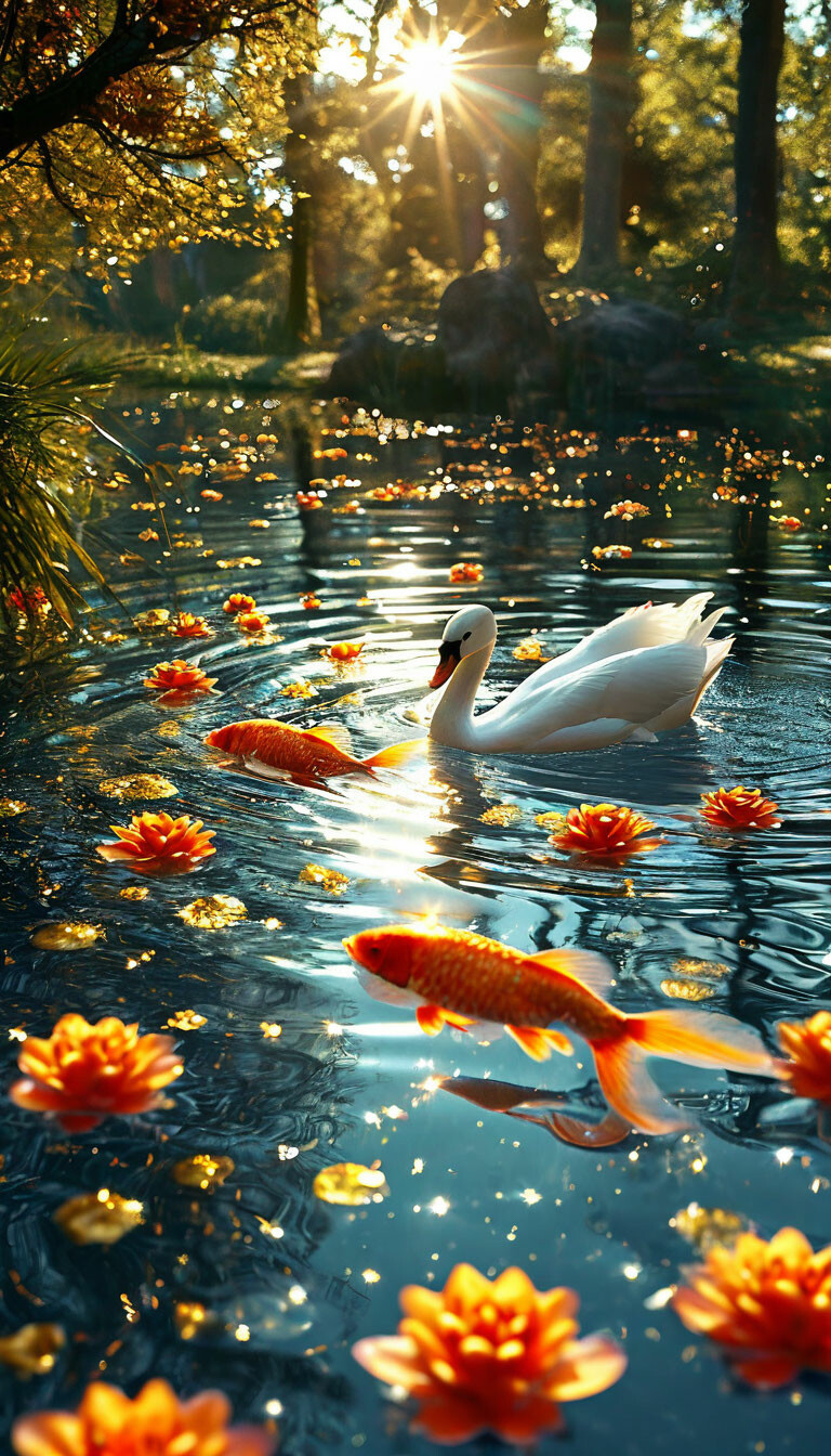 "@Star Soul a couple of shiny goldfish swim in a transparent, clean ...