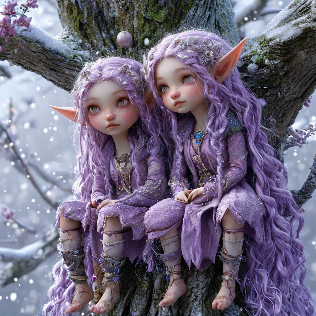"Two elves are sitting on the branches of a huge white tree, their hair ...