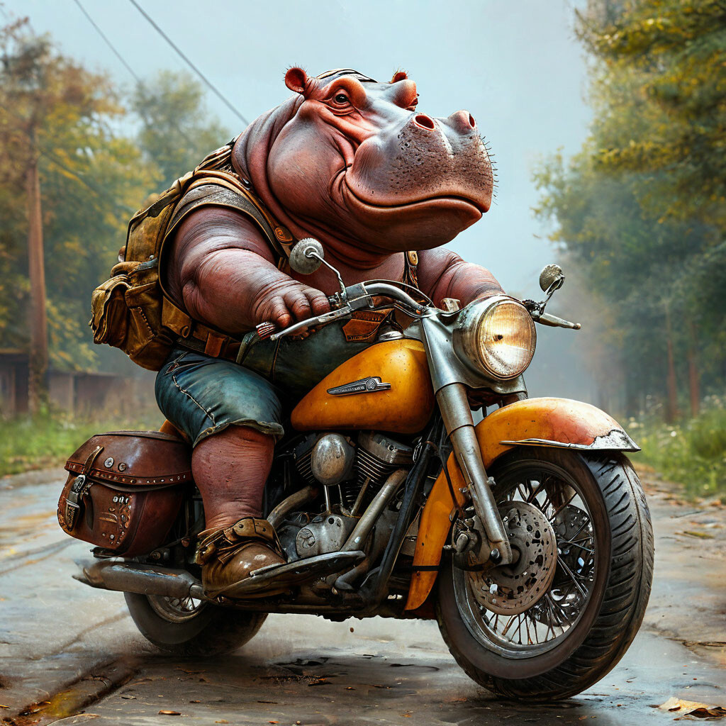 "Hippopotamus on a motorcycle" — image created in Shedevrum