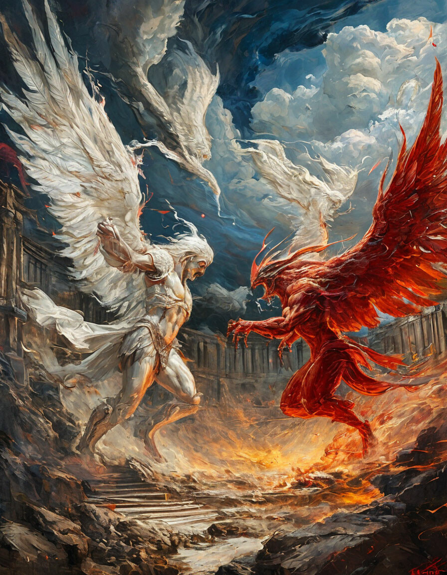 "There are 2 fights on the left of the white angel and on the right of ...