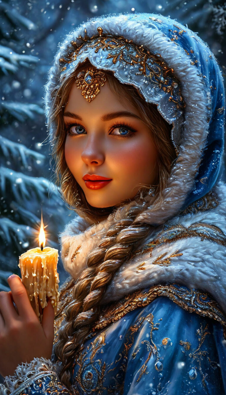 " ️ ️ ️ Charming Snow Maiden with a beautiful candle, painted winter ...