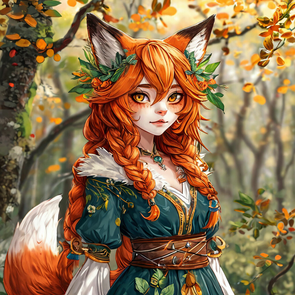 "A full-length portrait of a fox-a druid girl. in the Kawaii anime ...