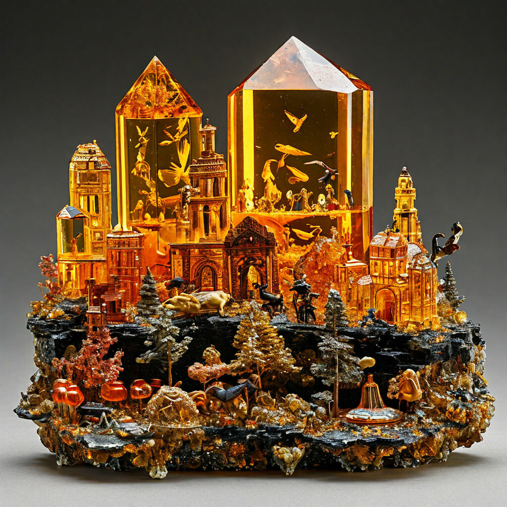 "A huge, transparent piece of amber, inside which is a black miniature ...