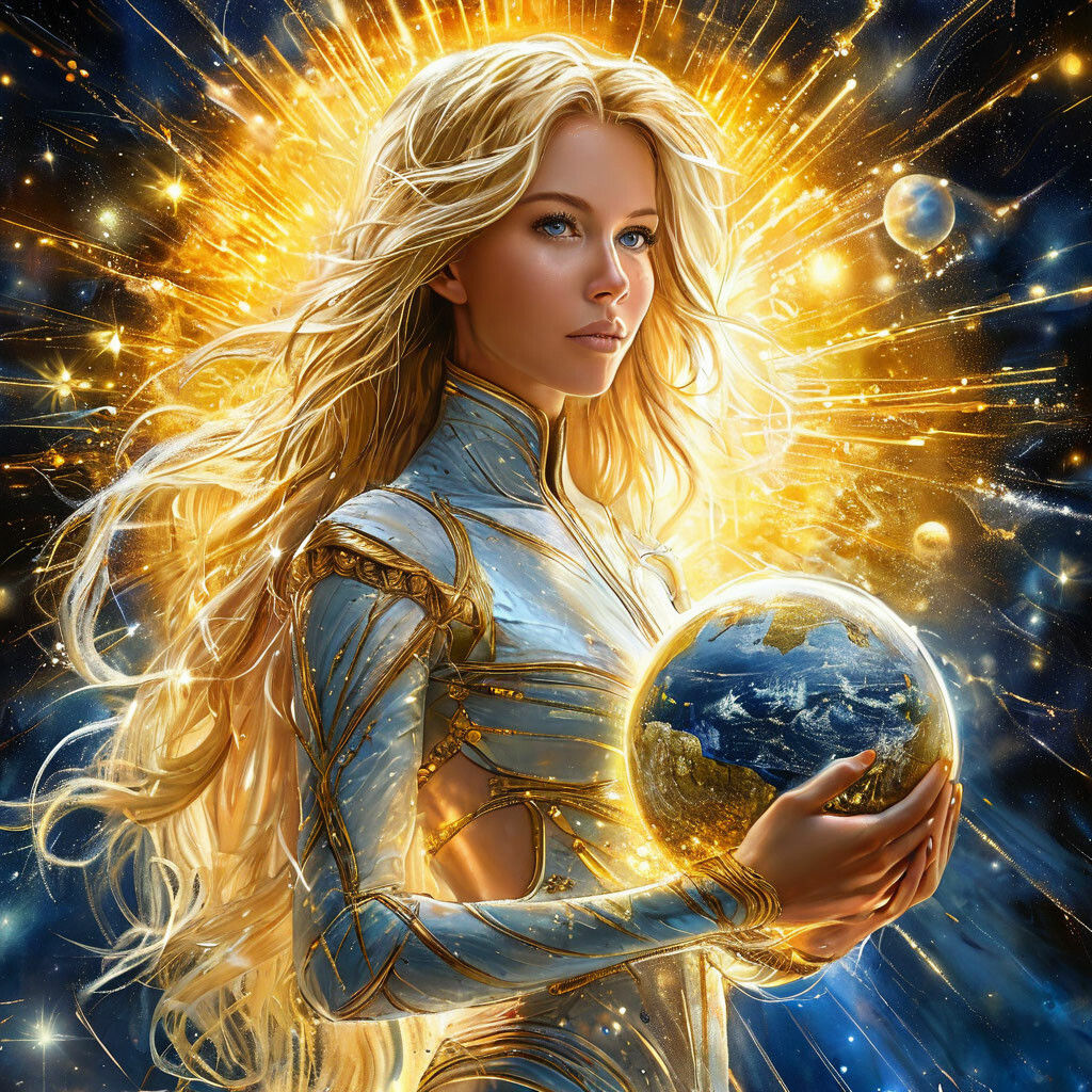 "watercolor ,Female solar Goddess blonde long hair,slim silhouette ...