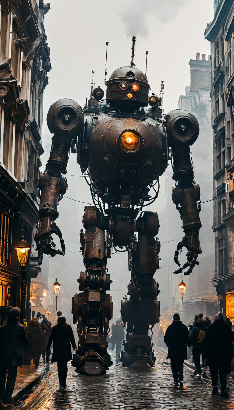 "A huge steam robot walks through the …" — image created in Shedevrum