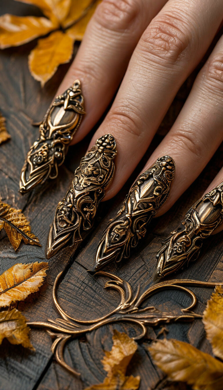 "Oak table top. forged oak leaves and vines. macro. very long nails. a ...