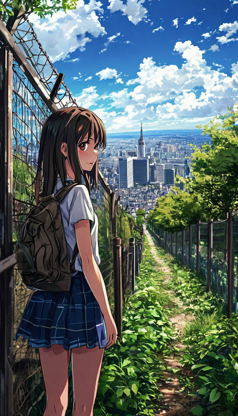 "Anime girl outside the city next to …" — image created in Shedevrum