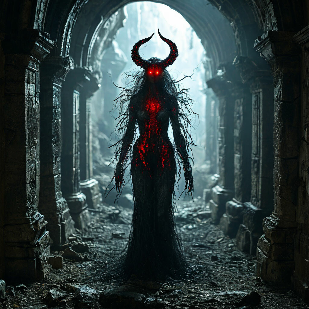 "Black fog, dark crypt, a demoness …" — image created in Shedevrum