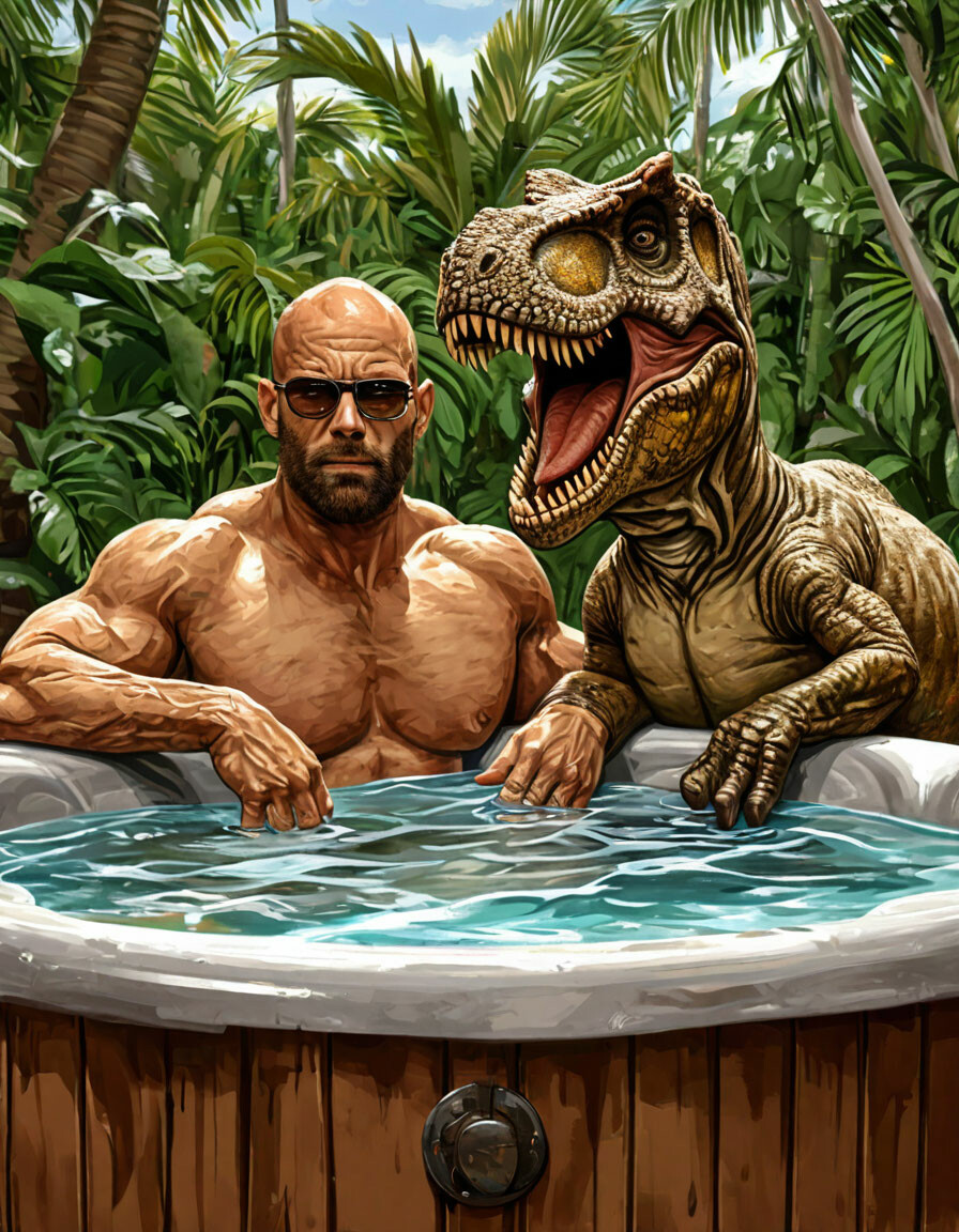 "Illustration, David Statham and Tyrannosaurus rex in a Jacuzzi ...