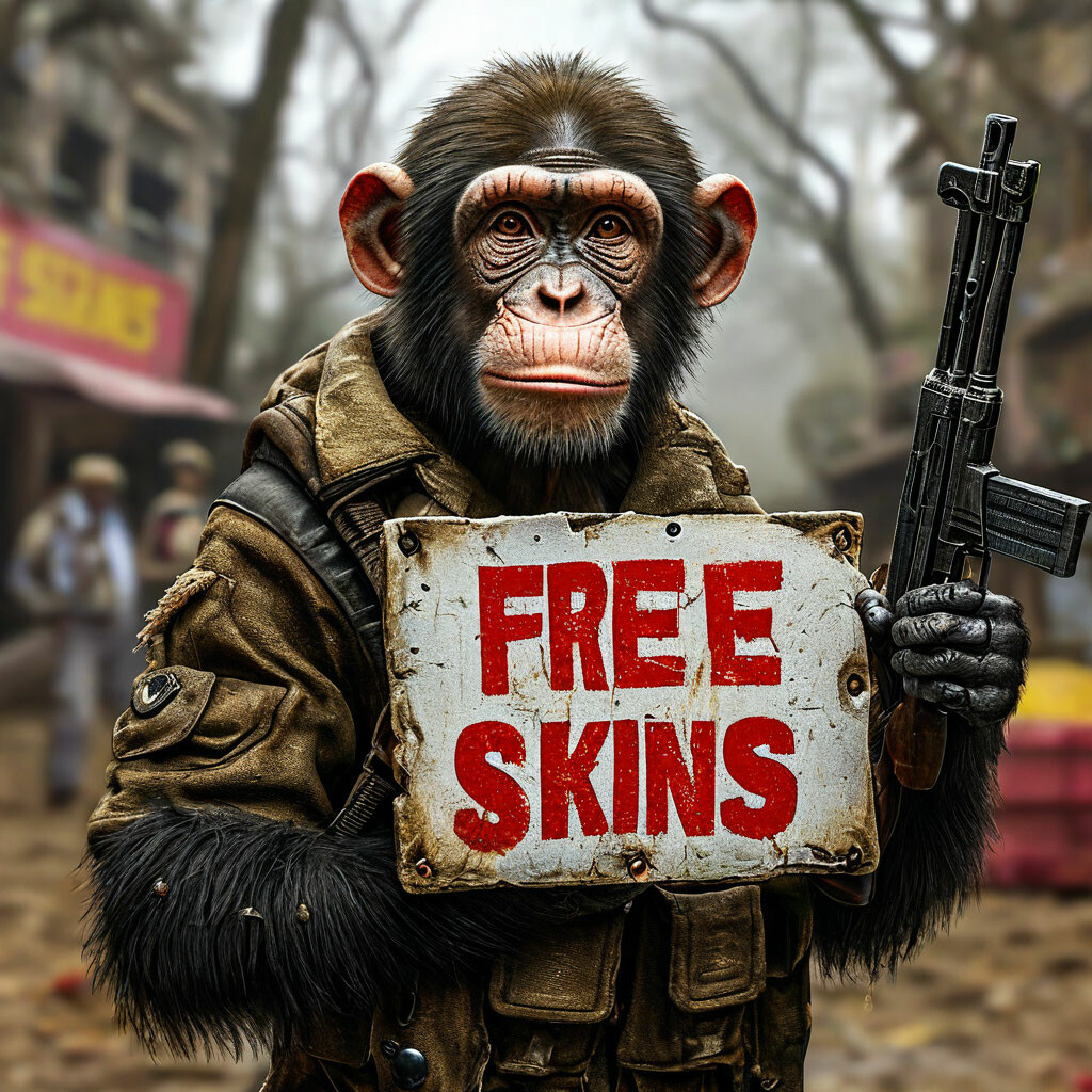 "Un mono armado está de pie con un letrero que dice "PIELES GRATIS ...
