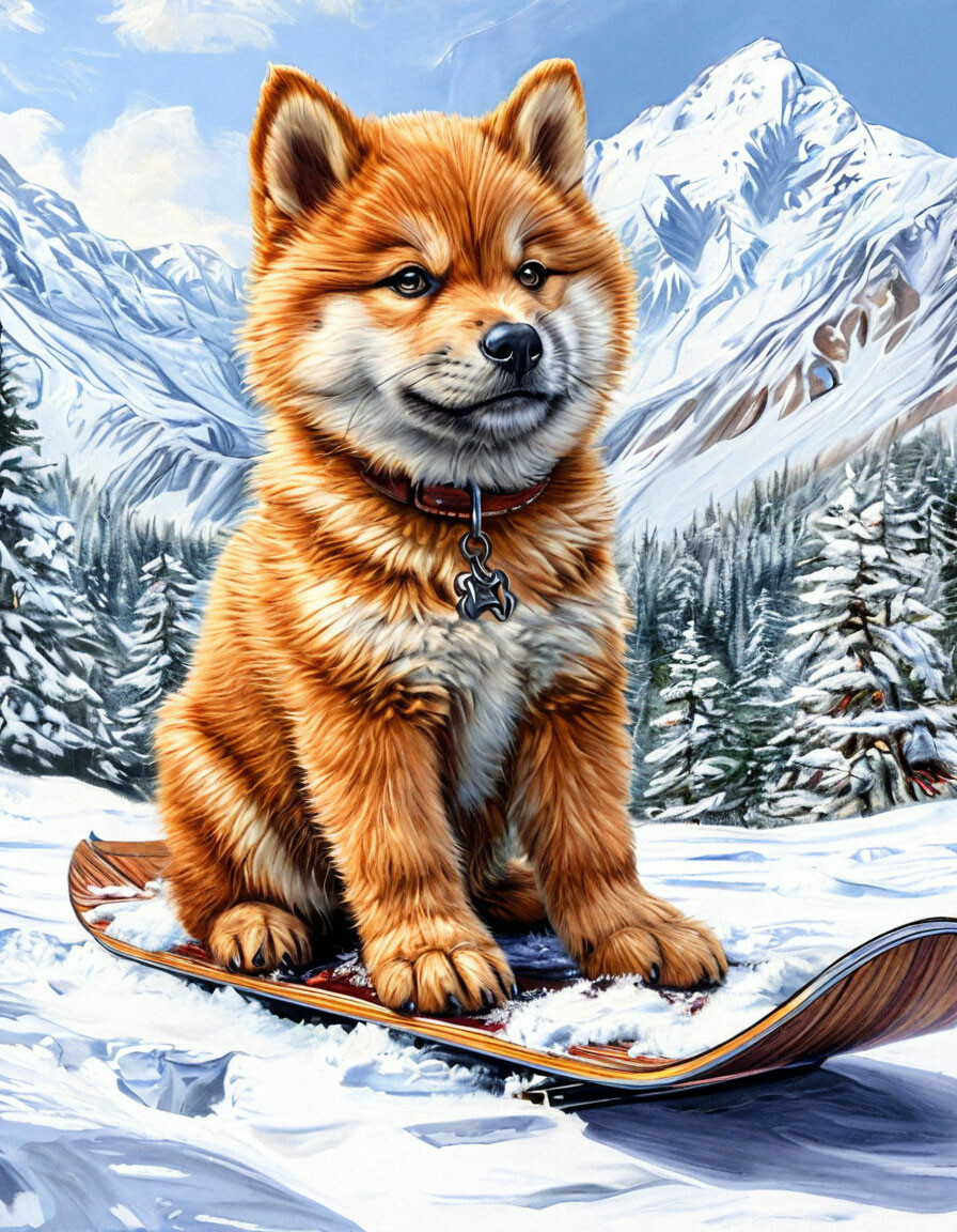 "Cute pencil drawing of Hachiko puppy sitting on a snowboard against ...