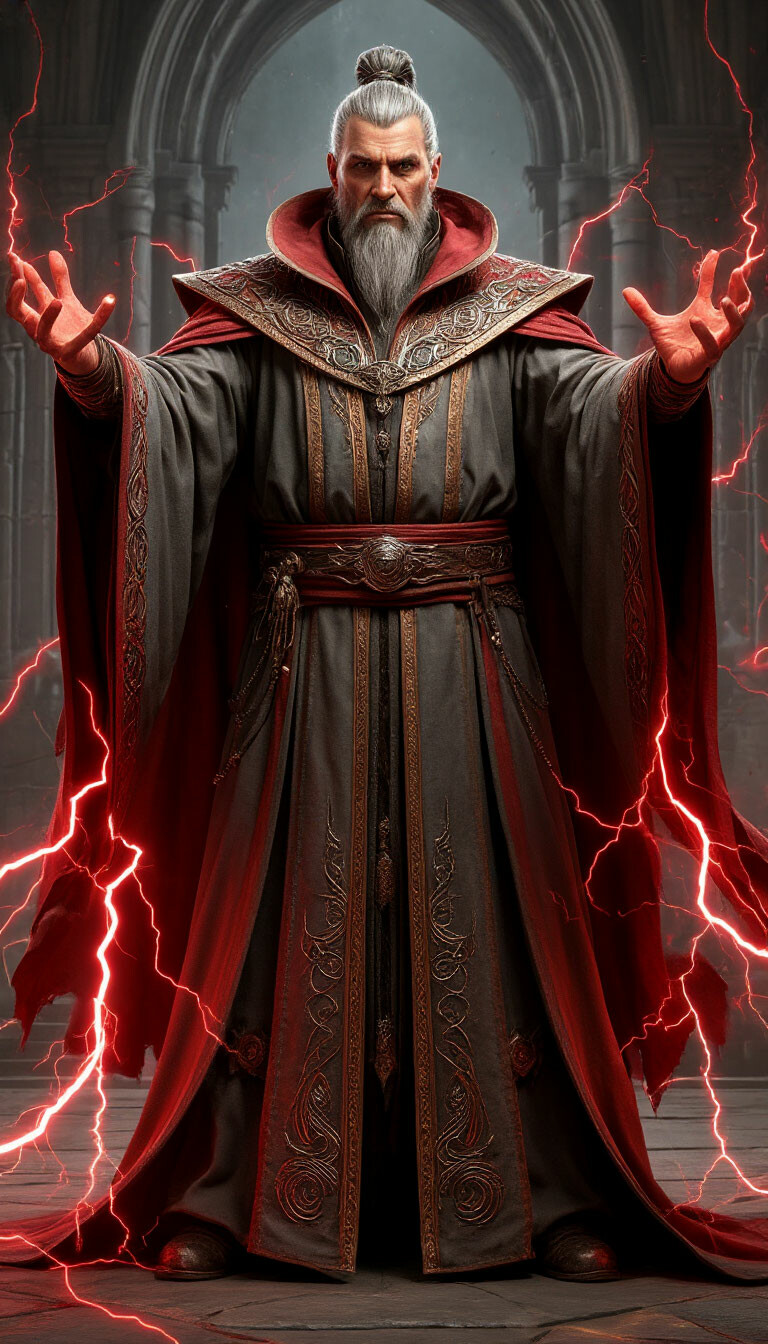 «A powerful archmage, dressed in loose robes with a high, standing ...