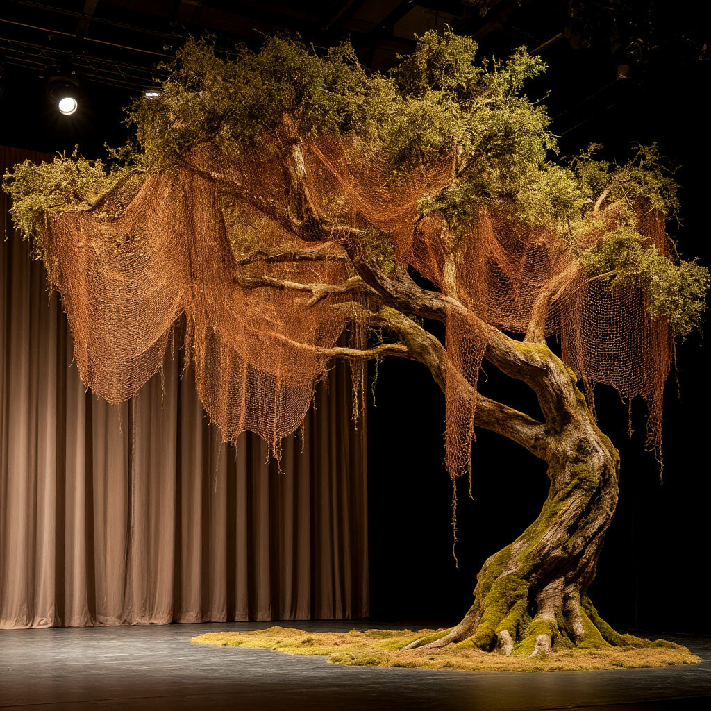 "Theater stage stage lighting on the right, oak tree decoration. a ...