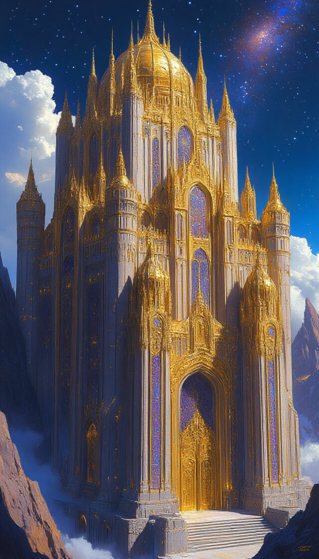 "A gigantic monumental palace in a starry fortress, made of gold and ...
