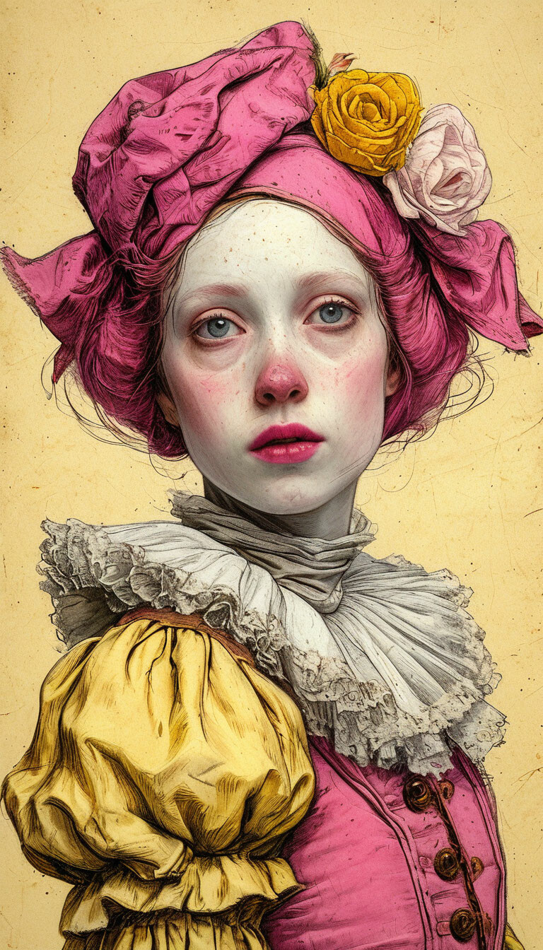 "Paper yellow pink pale melange pierrot engraving sketch" — image ...
