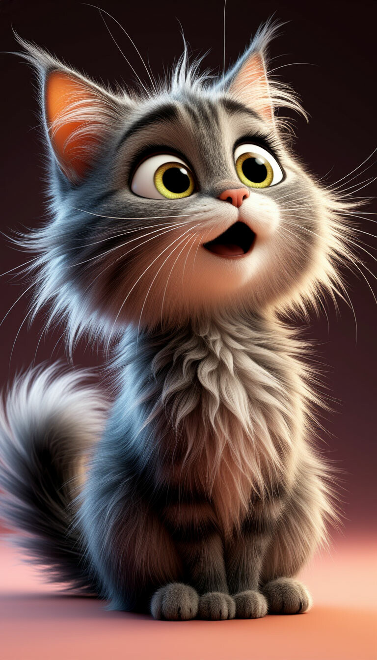"Beautiful fluffy downy surprised cartoon cat, motion dynamics 3d two ...