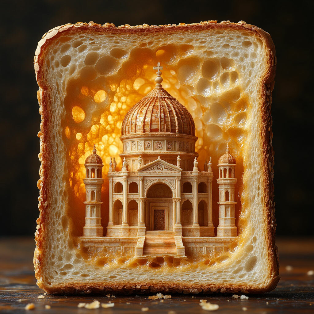 "Macro photo of a slice of toast recreated in the form of a shrine. The ...