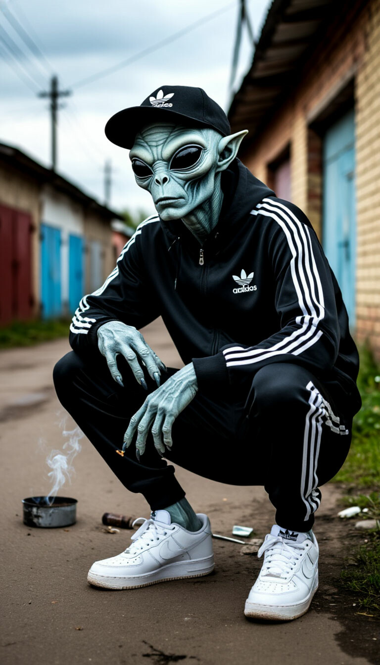 "Provincial Russian town, alien humanoid with pale gray skin in a black ...