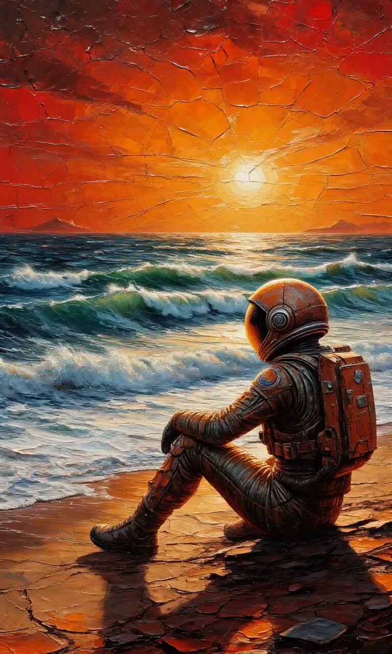 «On the shore of the raging ancient ocean, a Martian sits thoughtfully ...