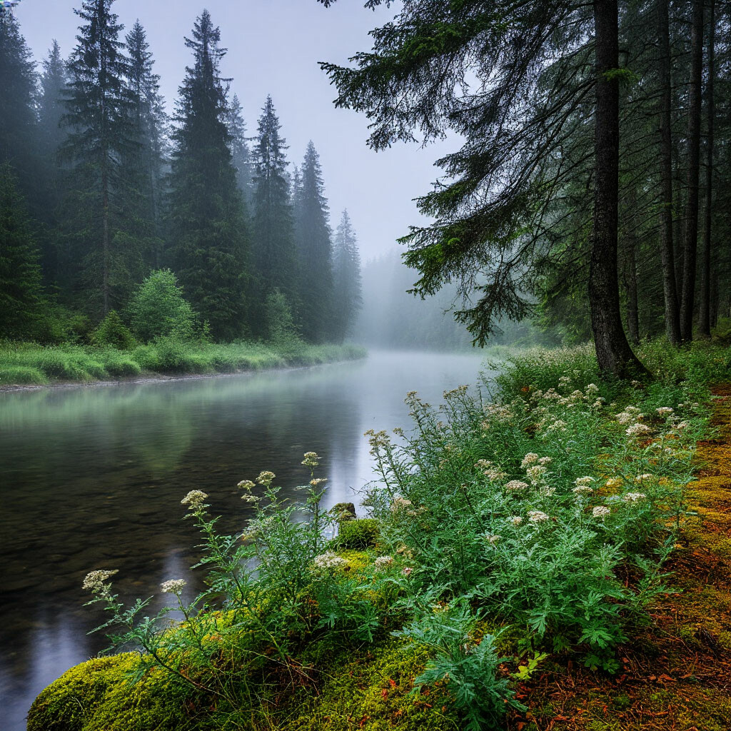 "Forest, clearing, river, summer, evening, fog, cool, wormwood, moss ...