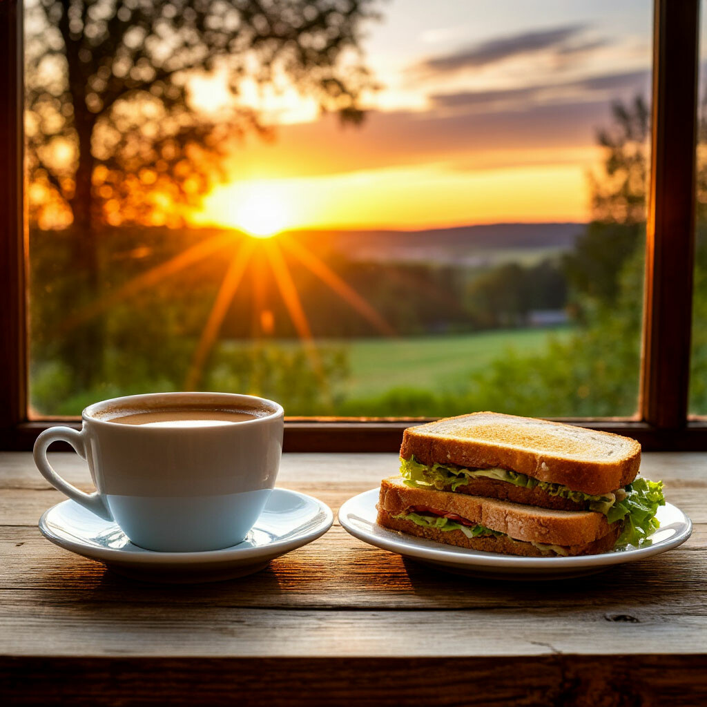 "There is a beautiful morning sunrise outside the window. There is a ...