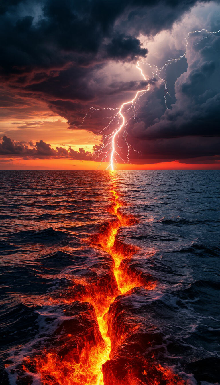 "The endless sea surface is bisected by a fiery crack, a stormy sky at ...