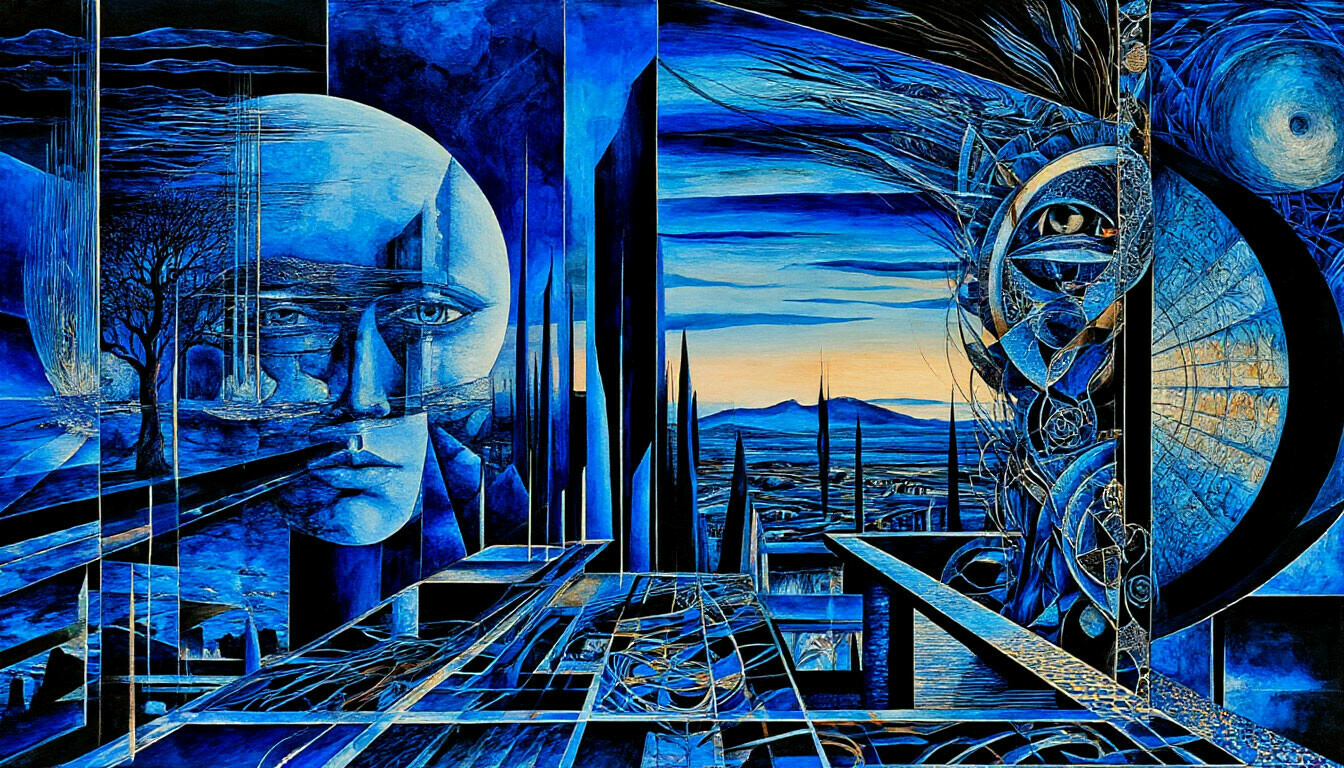 "Blue twilight, sharp edges, sudden epiphany, split world, surrealism ...