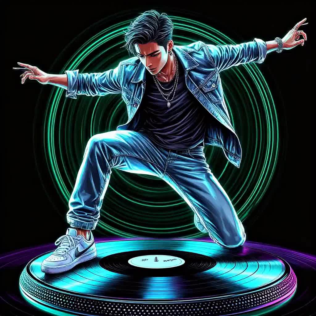 «A very handsome guy is dancing breakdancing on a rotating record ...